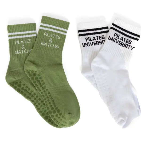 PILATES UNIVERSITY 1883 Classic Nonslip Grip Crew Socks 2 Pack - White/ Olive