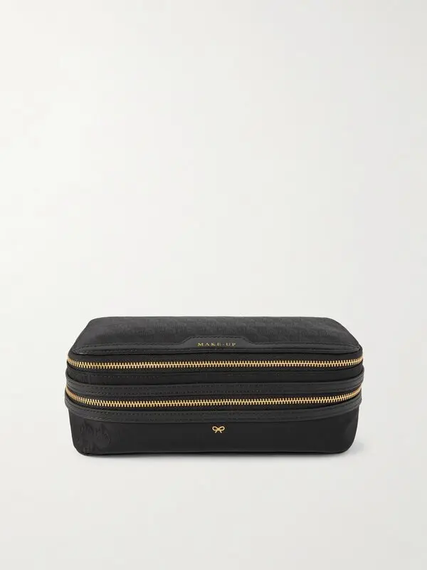 ANYA HINDMARCH Jacquard Cosmetics Case With Leather Trim - Black