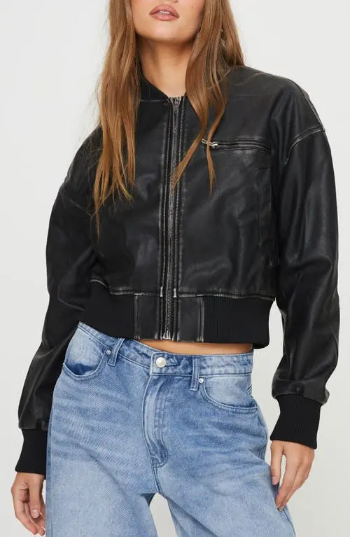 Princess Polly Faux Leather Bomber Jacket - Black