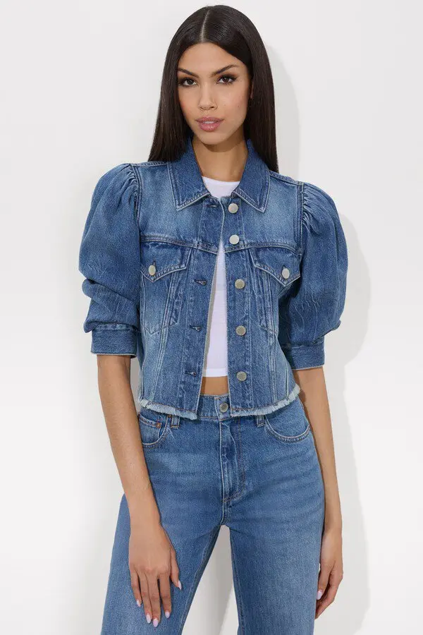 Alice + Olivia Lana Cropped Denim Jacket - Blue