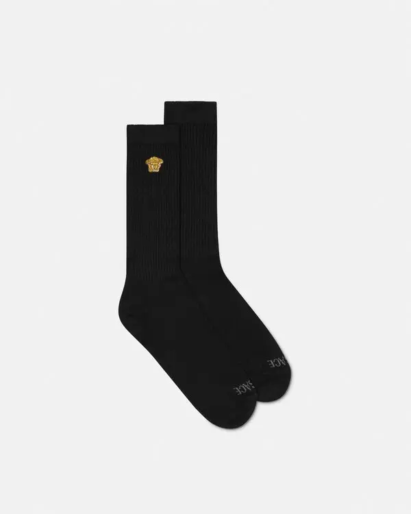 Versace Embroidered Ribbed Cotton Socks - Black