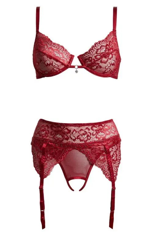 COQUETTE Lace Underwire Bra & Crotchless Garter Panty Set - Red
