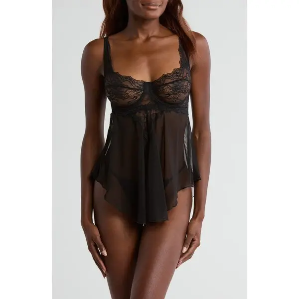 COQUETTE Lace Underwire Babydoll Chemise & G-string Set - Black