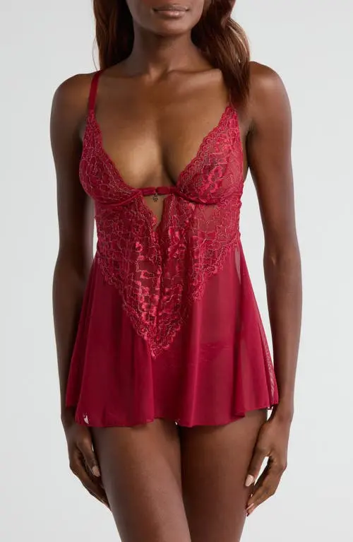 COQUETTE Floral Lace Babydoll Chemise & Thong Set - Red