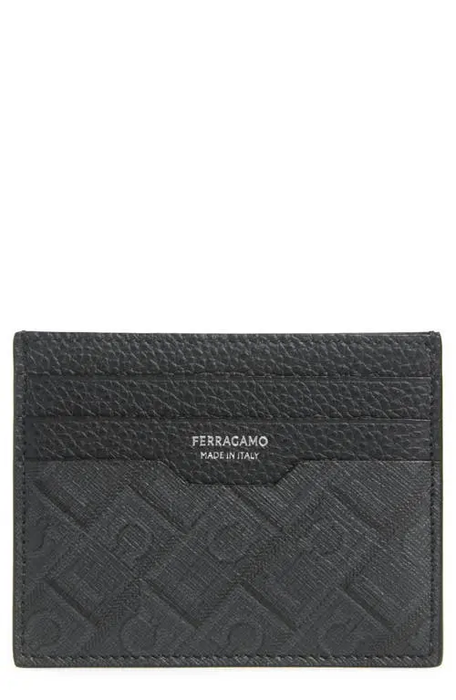 FERRAGAMO Gancio Monogram Leather Card Case - Nero/ Grigio