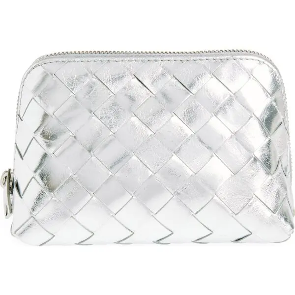 Bottega Veneta Intrecciato Metallic Leather Cosmetic Bag - Silver- Silver