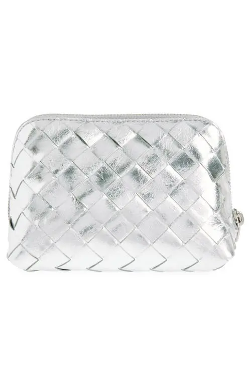 Bottega Veneta Intrecciato Metallic Leather Cosmetic Bag - Silver- Silver