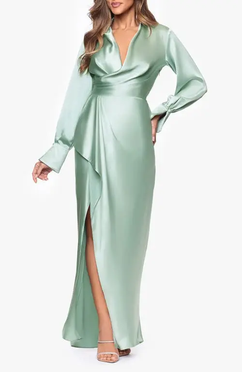 XSCAPE EVENINGS Collar Long Sleeve Satin Gown - Sage