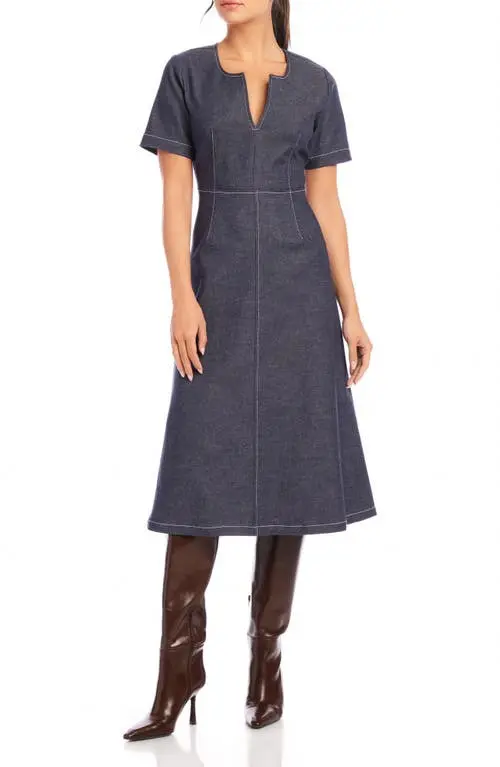 Fifteen Twenty Olivia Contrast Stitch Denim Midi Dress - Navy