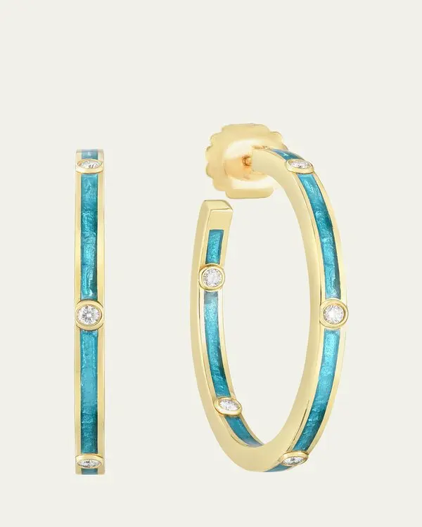 AUDREY C. JEWELS 18k Yellow Gold, Enamel, And Diamond Creole Hoop Earrings - Light Blue
