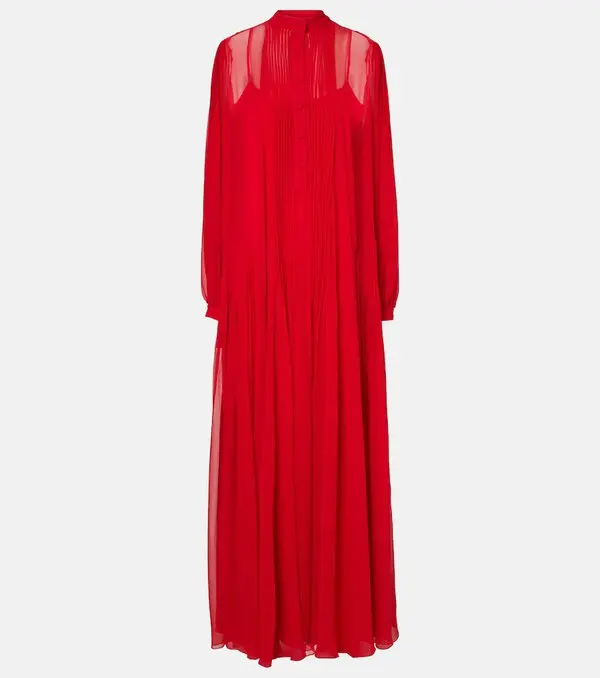 Costarellos Clarinda Pleated Silk Georgette Maxi Dress - Red