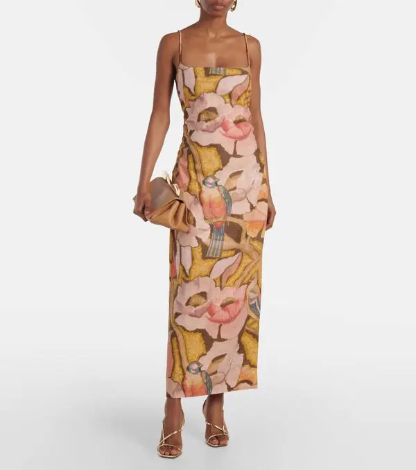 sir floral linen maxi dress SIR Constantie Linen Floral Ruched Maxi Dress