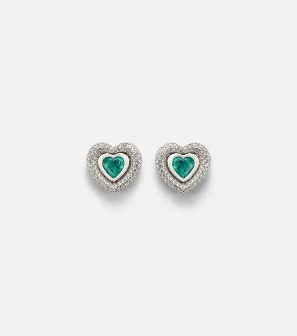 KAMYEN Heart Shaped 18kt Gold Stud Earrings With Diamonds And Emeralds - Silver