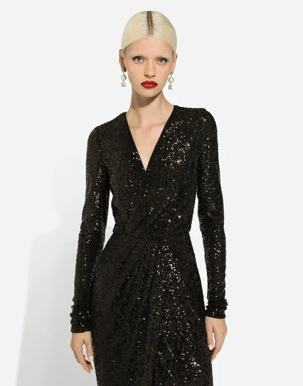 Dolce Gabbana Sequined Long-Sleeve Midi-Dress Black Editorialist - Main Image