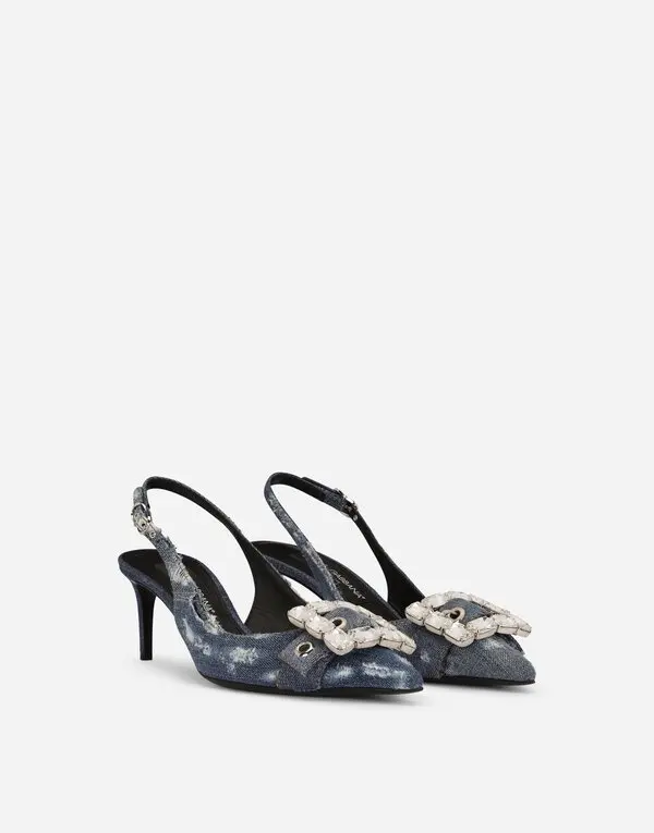 Dolce & Gabbana Patchwork Denim Slingbacks With Rhinestone Buckle