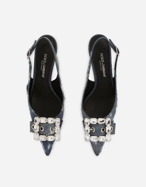 Dolce & Gabbana Patchwork Denim Slingbacks With Rhinestone Buckle