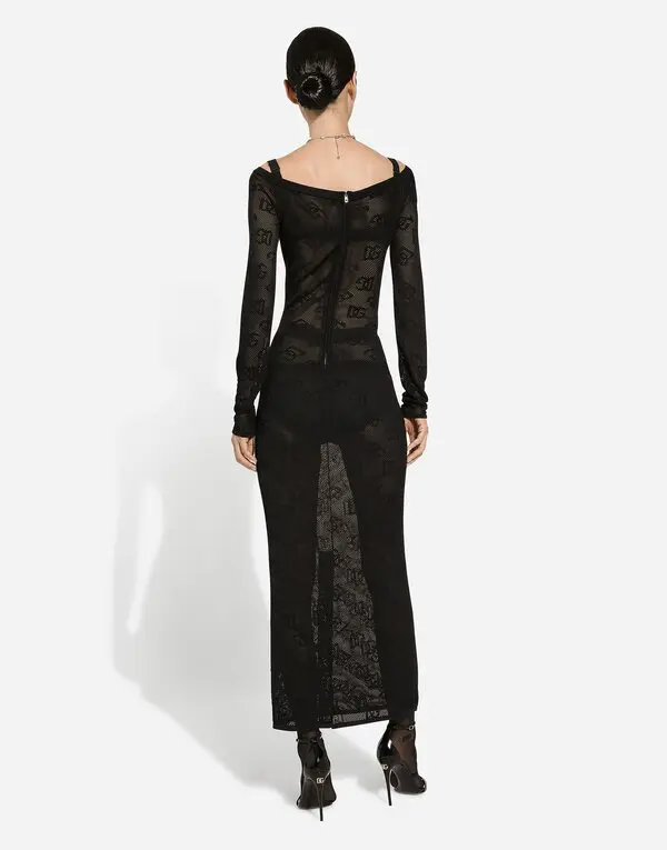Dolce & Gabbana Mesh-stitch Sheath Dress With Jacquard Dg Logo - Black