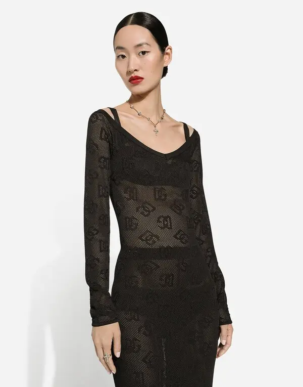 Dolce & Gabbana Mesh-stitch Sheath Dress With Jacquard Dg Logo - Black