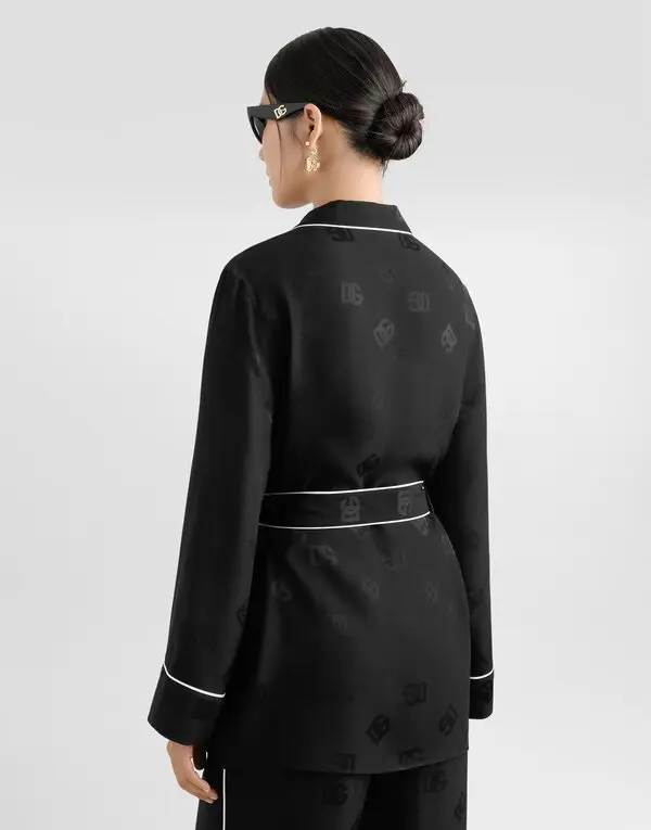 Dolce & Gabbana Long-sleeved Silk Satin Jacquard Pajama Shirt With Dg Logo - Black