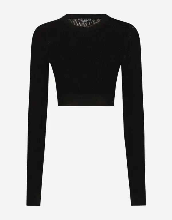 Dolce & Gabbana Cropped Mesh-stitch Viscose Sweater With Jacquard Dg Logo