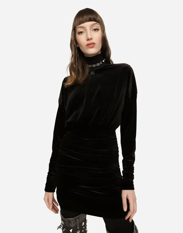 Dolce & Gabbana Draped Velvet Mini Dress With Dg Logo - Black