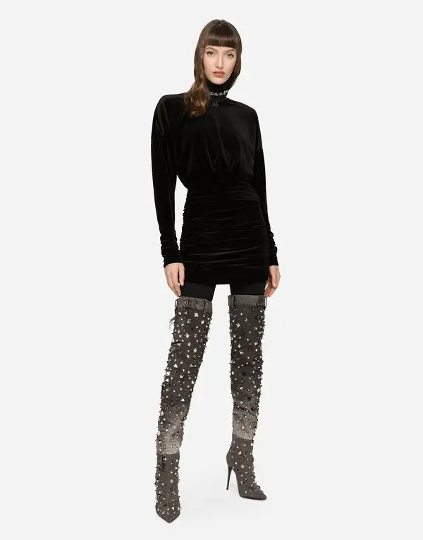 Dolce & Gabbana Draped Velvet Mini Dress With Dg Logo - Black