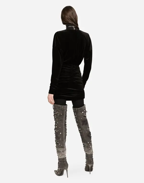 Dolce & Gabbana Draped Velvet Mini Dress With Dg Logo - Black