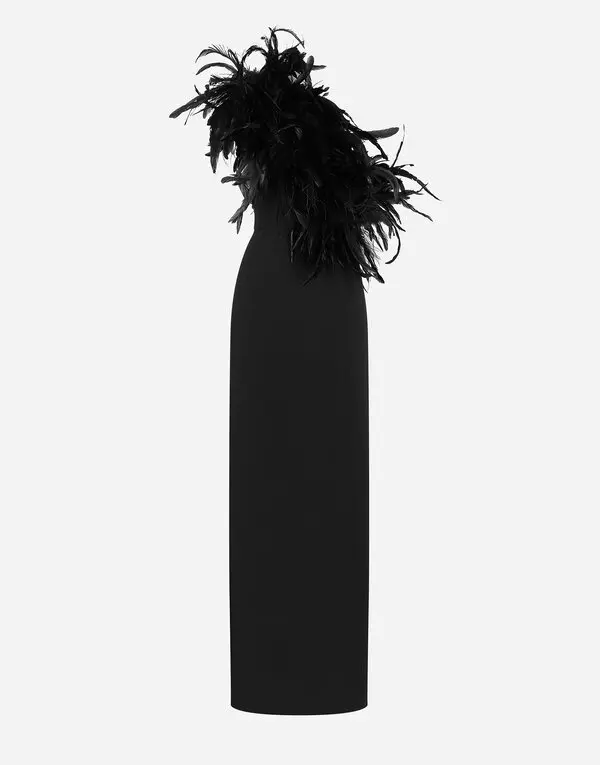 Dolce & Gabbana Long One-shoulder Stretch Cady Dress With Feathered Neckline - Black