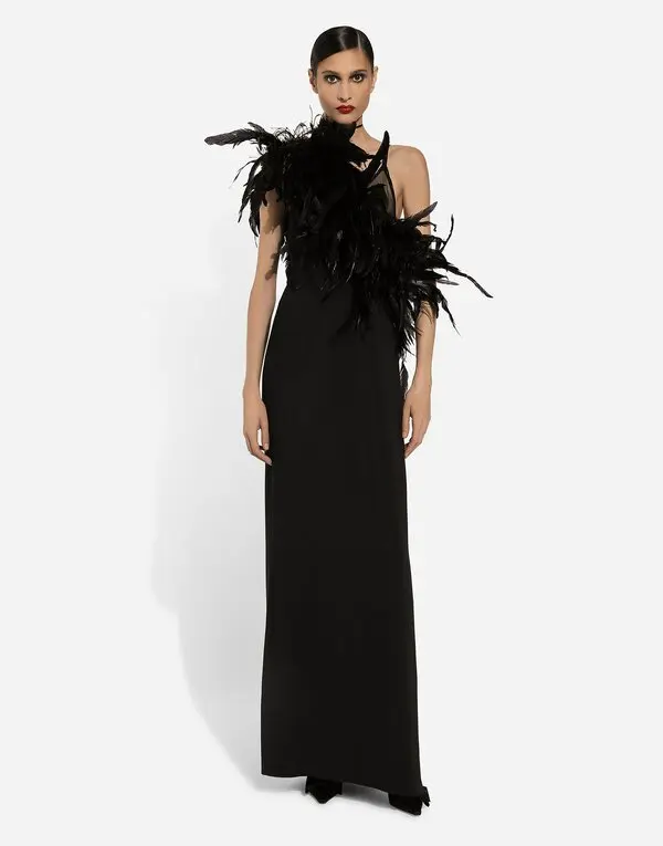 Dolce & Gabbana Long One-shoulder Stretch Cady Dress With Feathered Neckline