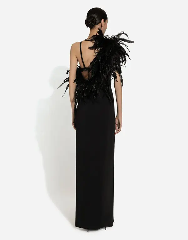 Dolce & Gabbana Long One-shoulder Stretch Cady Dress With Feathered Neckline