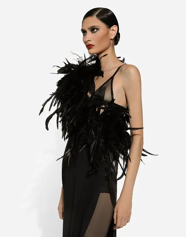 Dolce & Gabbana Long One-shoulder Stretch Cady Dress With Feathered Neckline