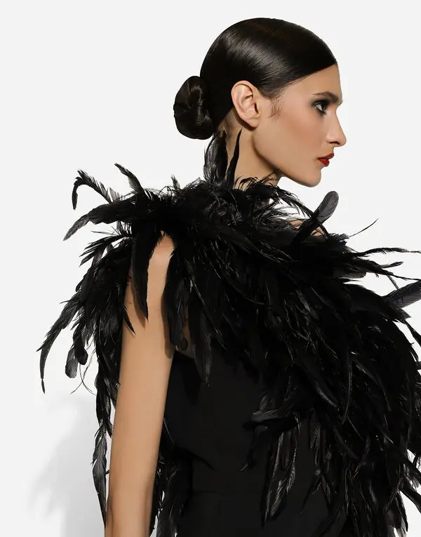 Dolce & Gabbana Long One-shoulder Stretch Cady Dress With Feathered Neckline