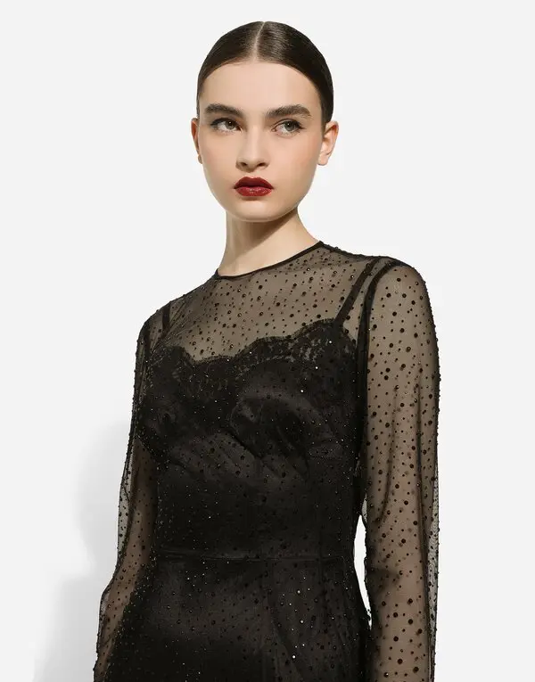 Dolce & Gabbana Long Tulle Dress With Rhinestone Embellishment