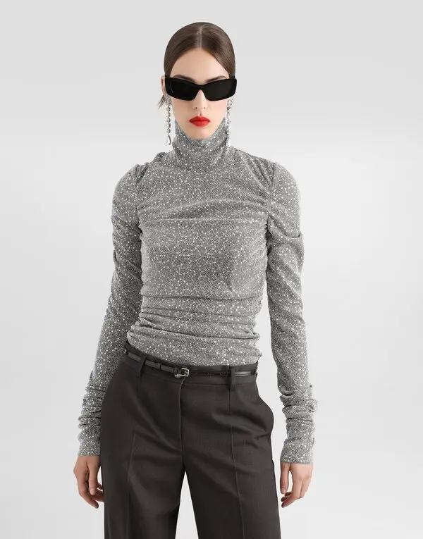 Dolce & Gabbana Draped Sequined Turtleneck Top - Silver