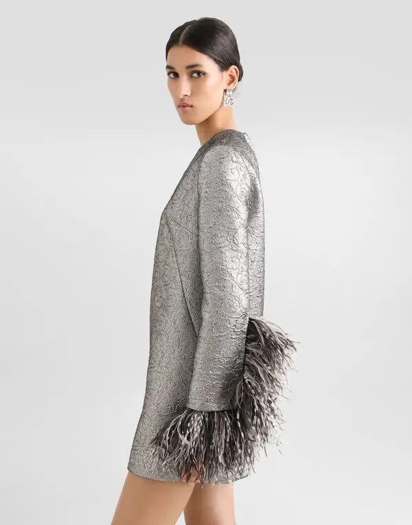 silver lame mini dress Silver metallic long-sleeve sequined mini dress L / 8 / Silver
