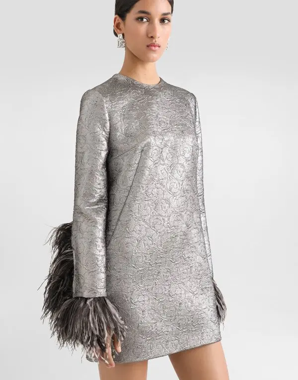 dolcegabbana feather trimmed metallic jacquard mini dress Dolce & Gabbana Quilted Lamé Jacquard Mini Dress With Feathers In Silver