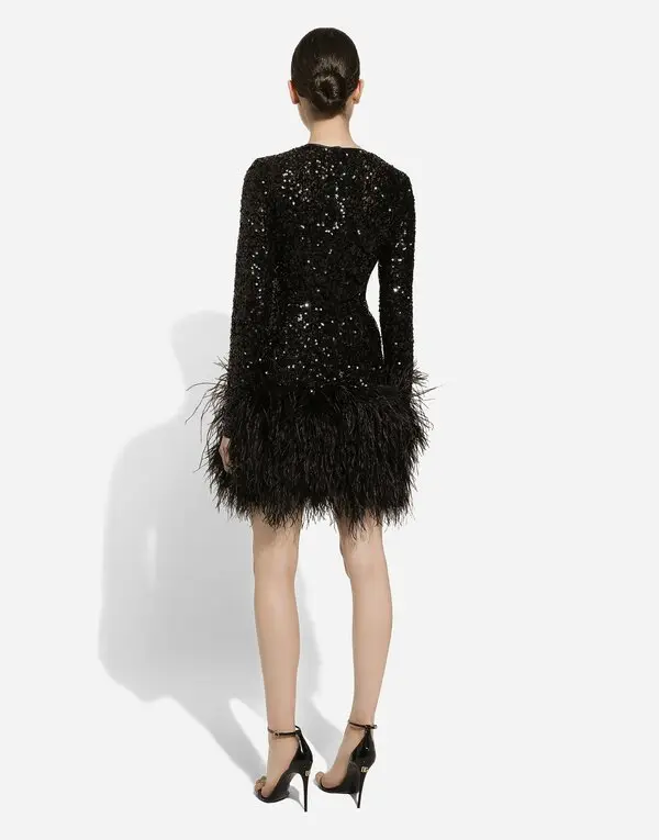 Dolce & Gabbana Sequined Dress With Feather Trim