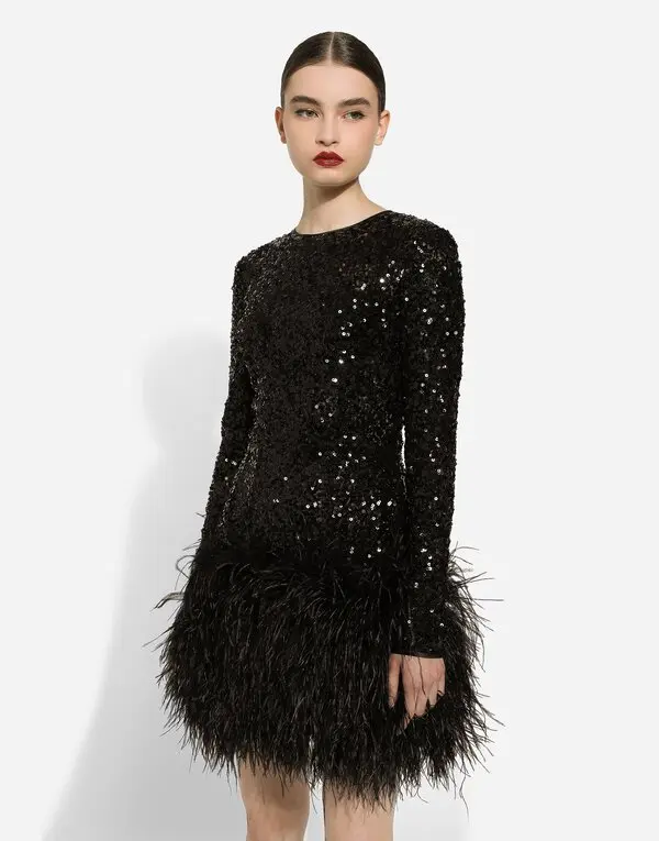 Dolce & Gabbana Sequined Dress With Feather Trim