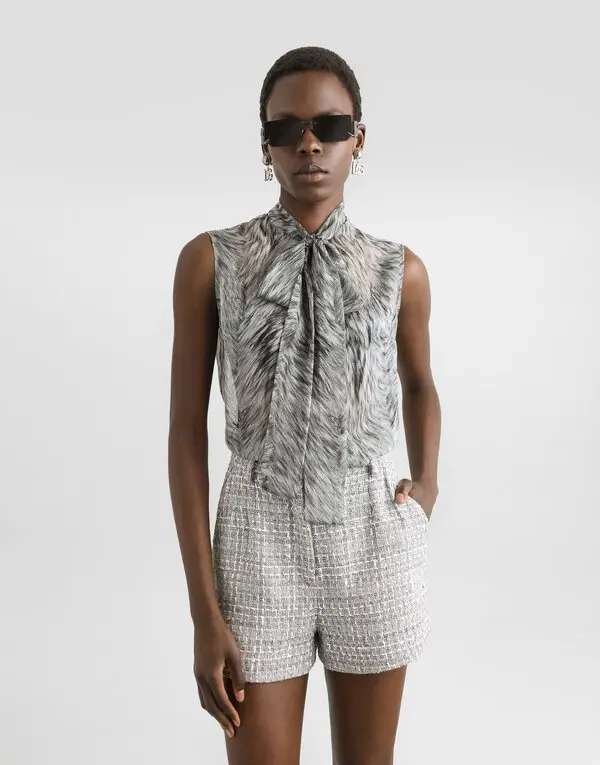 Dolce & Gabbana Fur-print Chiffon Pussy-bow Shirt