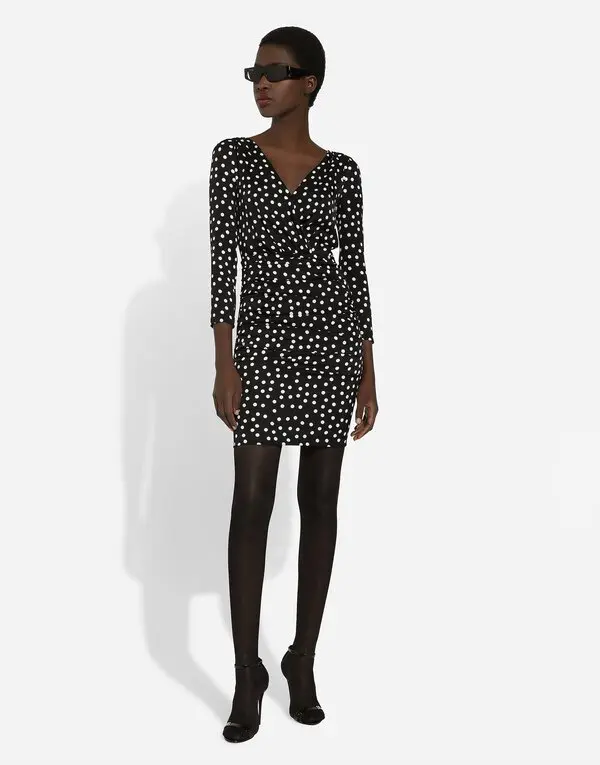 Dolce & Gabbana Short Charmeuse Polka-dot Dress With Draped Detailing - Print