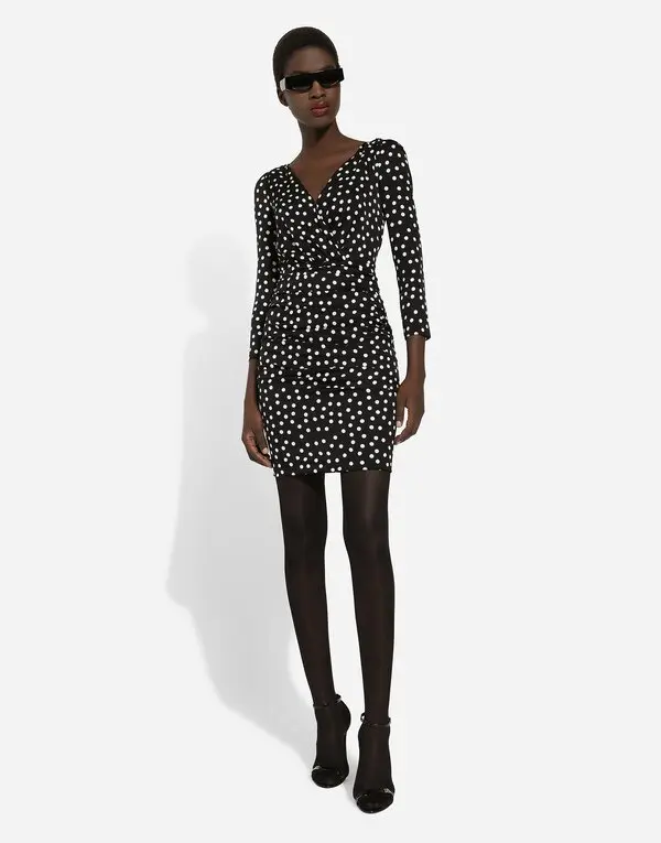 Dolce & Gabbana Short Charmeuse Polka-dot Dress With Draped Detailing - Print