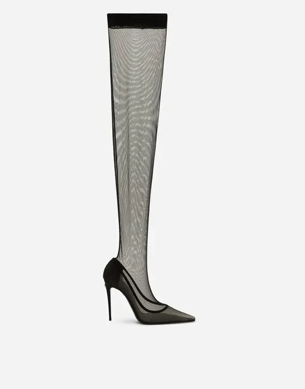 Dolce & Gabbana Stretch Tulle Thigh-high Boots With Dg Logo