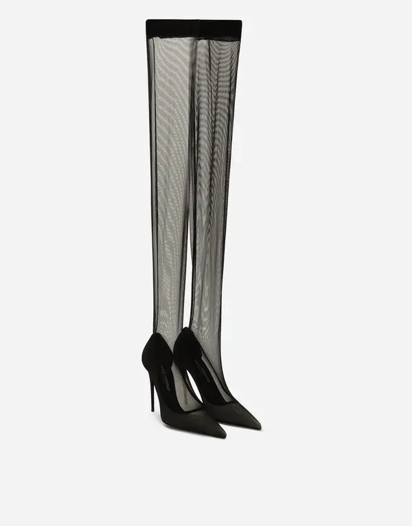 Dolce & Gabbana Stretch Tulle Thigh-high Boots With Dg Logo