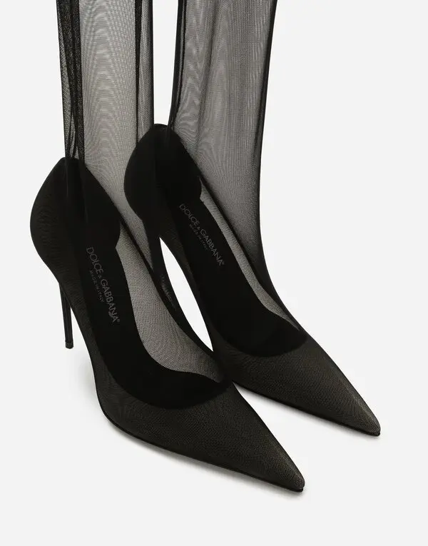 Dolce & Gabbana Stretch Tulle Thigh-high Boots With Dg Logo