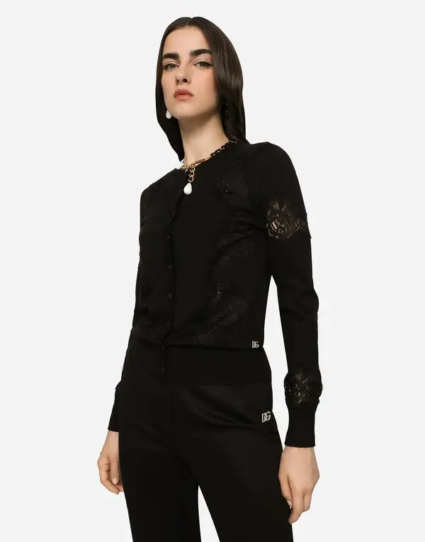 Dolce & Gabbana Cashmere And Silk Cardigan With Lace Inlay - Black