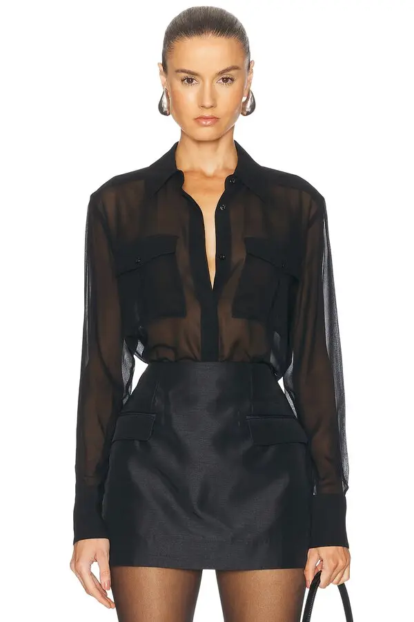 NICHOLAS Chloe Sheer Double Pocket Long Sleeve Shirt - Black