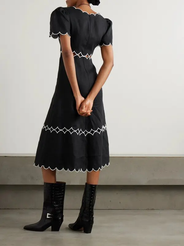 Farm Rio Scalloped Cutout Linen Midi Dress - Black | Editorialist