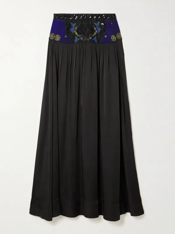 BODE Deco Collage Embellished Pleated Satin Maxi Skirt