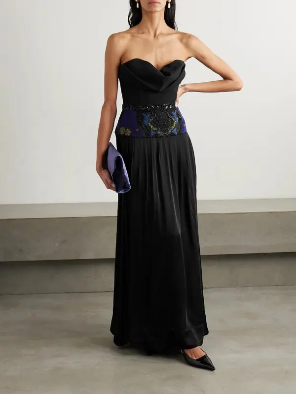 BODE Deco Collage Embellished Pleated Satin Maxi Skirt