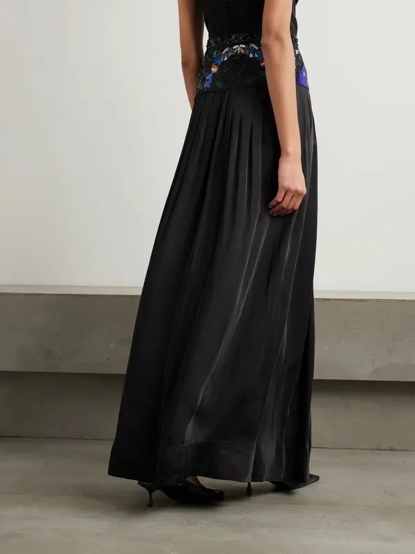 BODE Deco Collage Embellished Pleated Satin Maxi Skirt